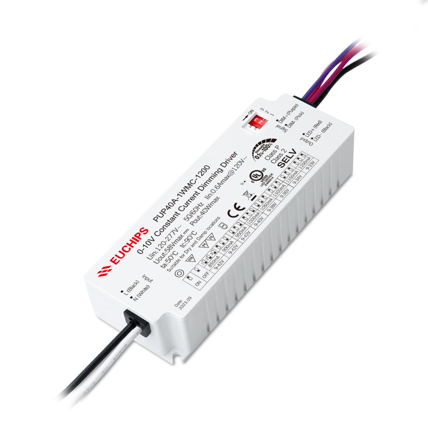40W 850~1200mA*1ch 0/1-10V CC Driver PUP40A-1WMC-1200 - Euchips